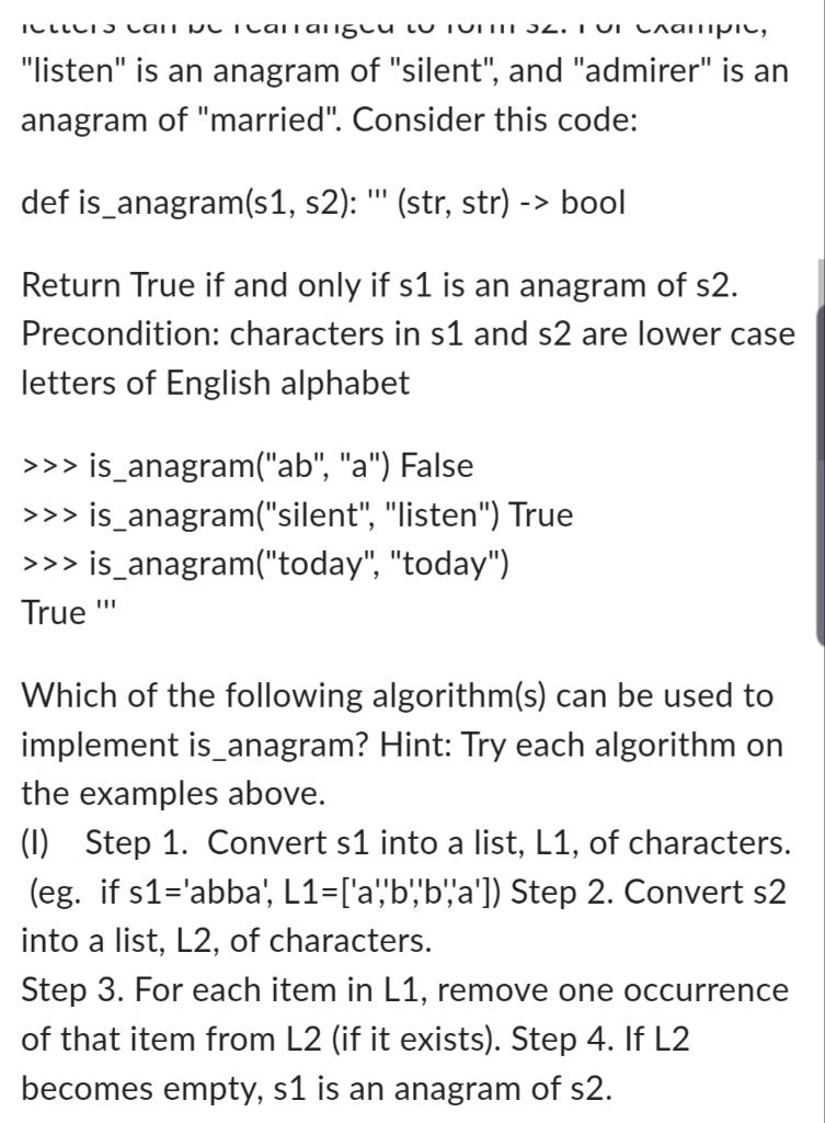 Solved 34. A string s1 is an anagram of string s2 if its | Chegg.com