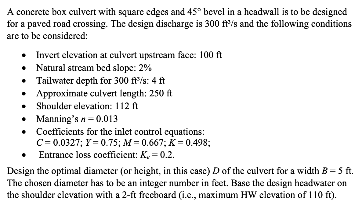 Solved A concrete box culvert with square edges and 45° | Chegg.com
