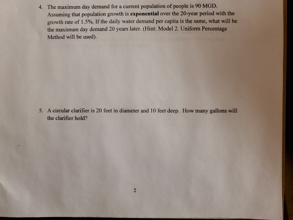 Solved 4. The maximum day demand for a current population of | Chegg.com