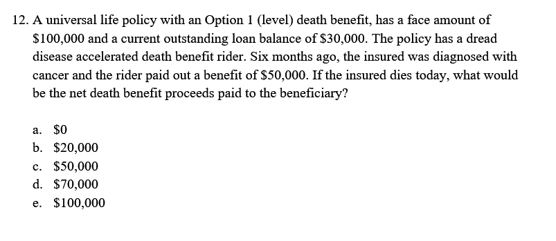 Solved 12. A universal life policy with an Option 1 (level) | Chegg.com
