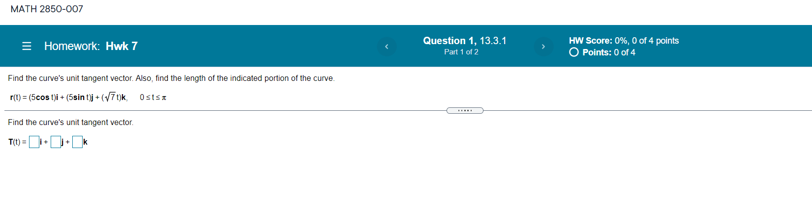 Solved MATH 2850-007 Homework: Hwk7 Question 1, 13.3.1 Part | Chegg.com