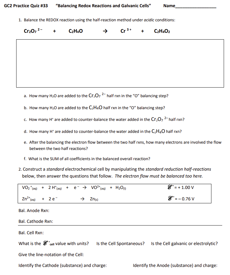 Solved GC2 Practice Quiz #33 “Balancing Redox Reactions and | Chegg.com
