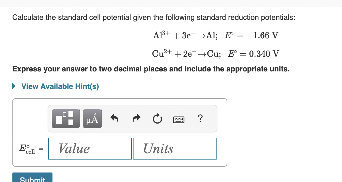 Solved Calculate the standard cell potential given the | Chegg.com