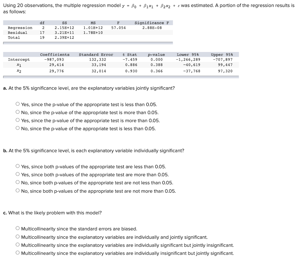 Solved Using 20 observations, the multiple regression model | Chegg.com