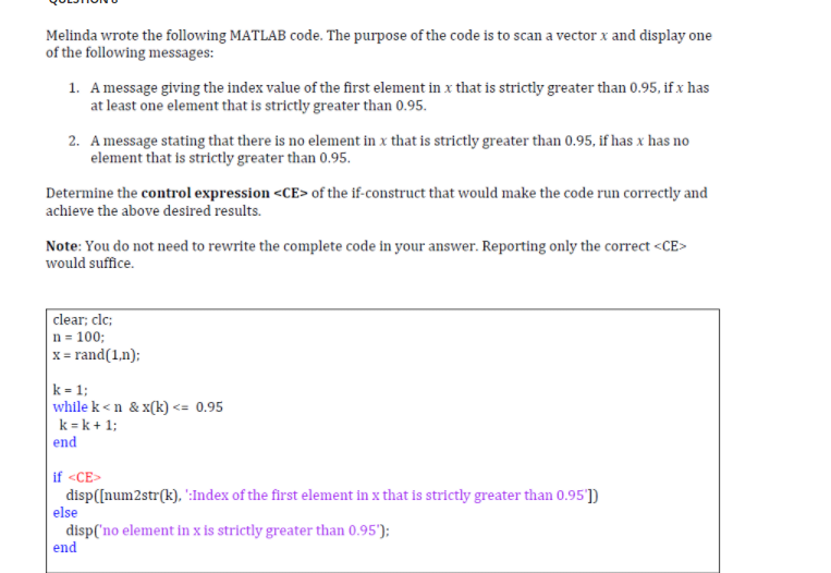 Solved Melinda Wrote The Following Matlab Code The Purpose 8130