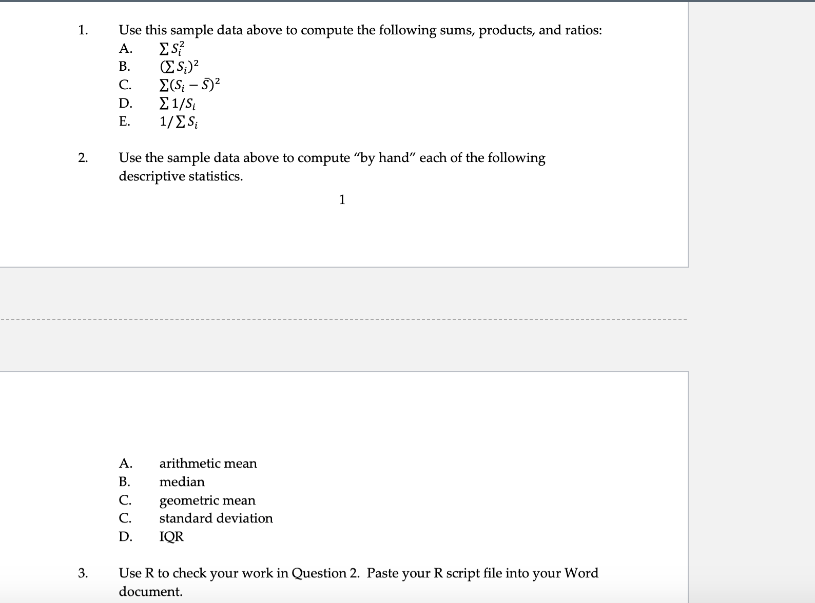 1. Use this sample data above to compute the | Chegg.com