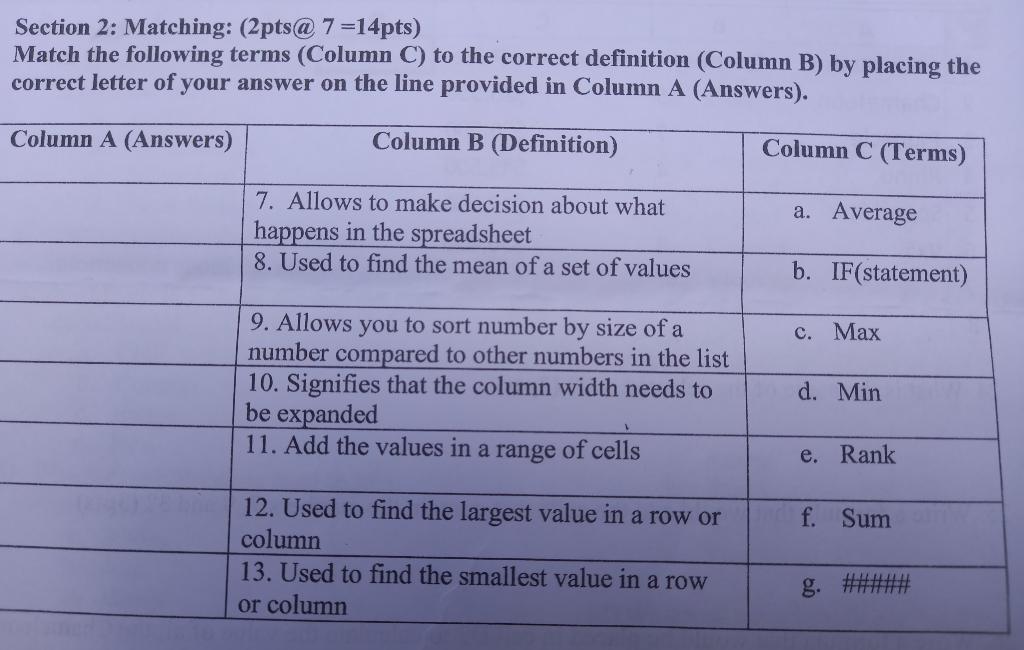 Solved Section 2: Matching: (2pts@ 7=14p ts) Match the | Chegg.com