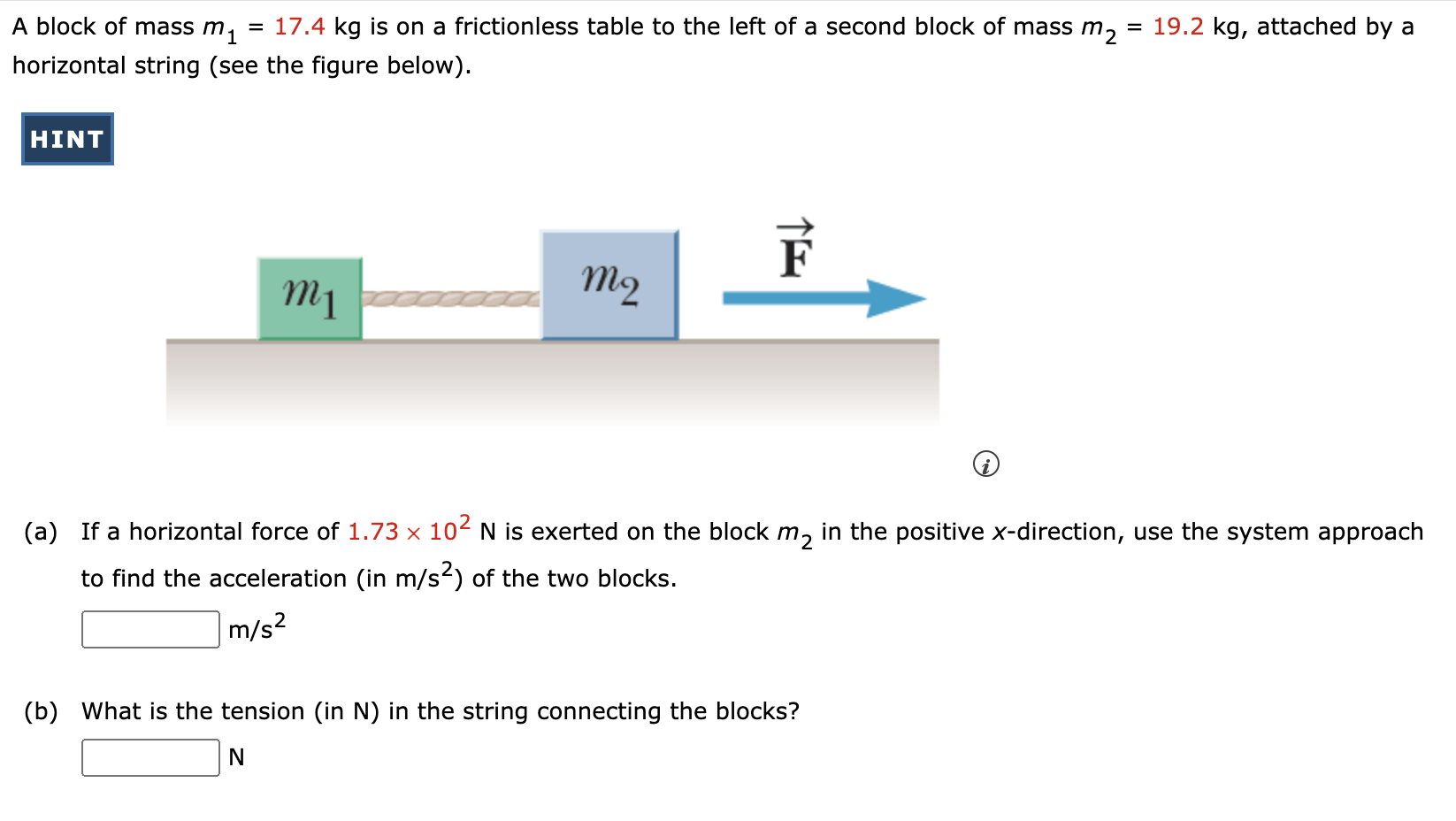 Solved A block of mass m1=17.4 kg is on a frictionless table | Chegg.com