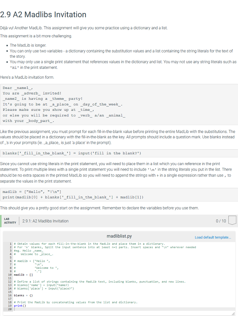 Solved 2.9 A2 Madlibs Invitation Déjà vu! Another MadLib. | Chegg.com