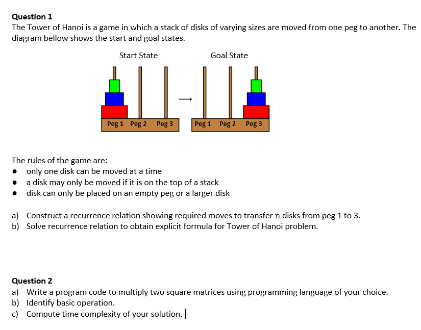 Solved Question 1 The Tower of Hanoi is a game in which a | Chegg.com
