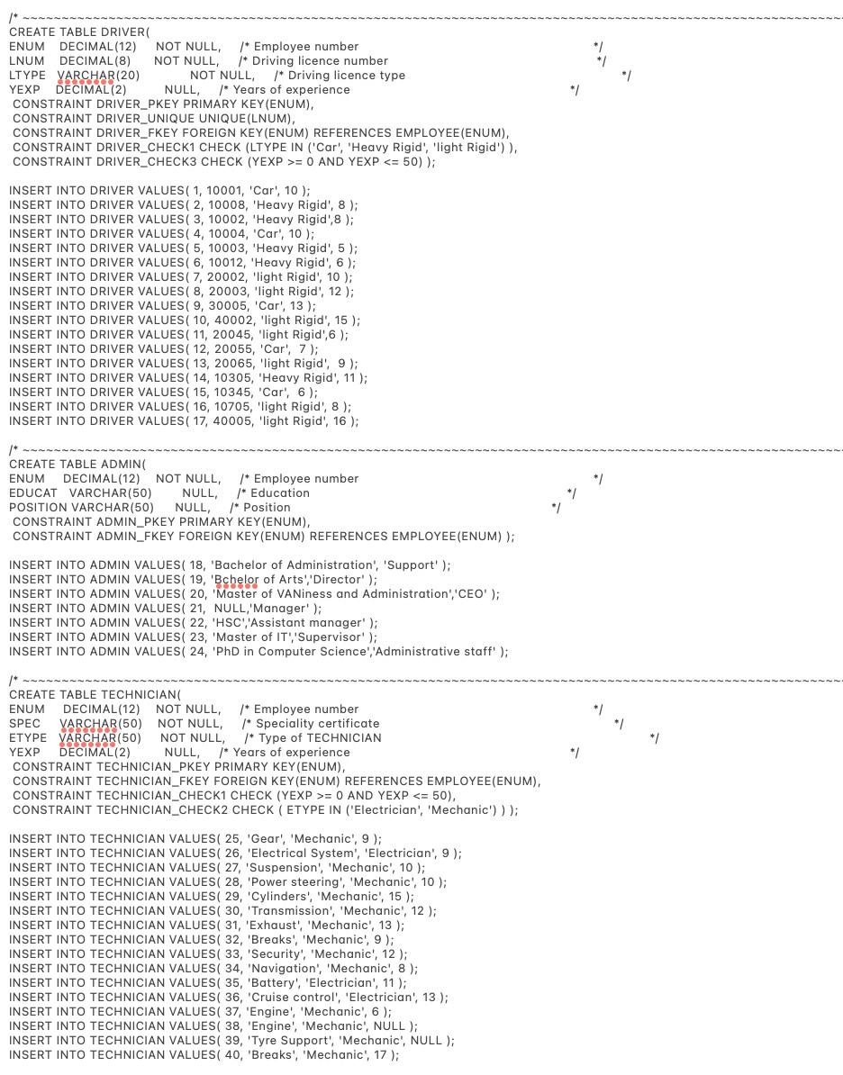 Solved *1 CREATE TABLE EMPLOYEE ENUM DECIMAL (12) NOT NULL, | Chegg.com