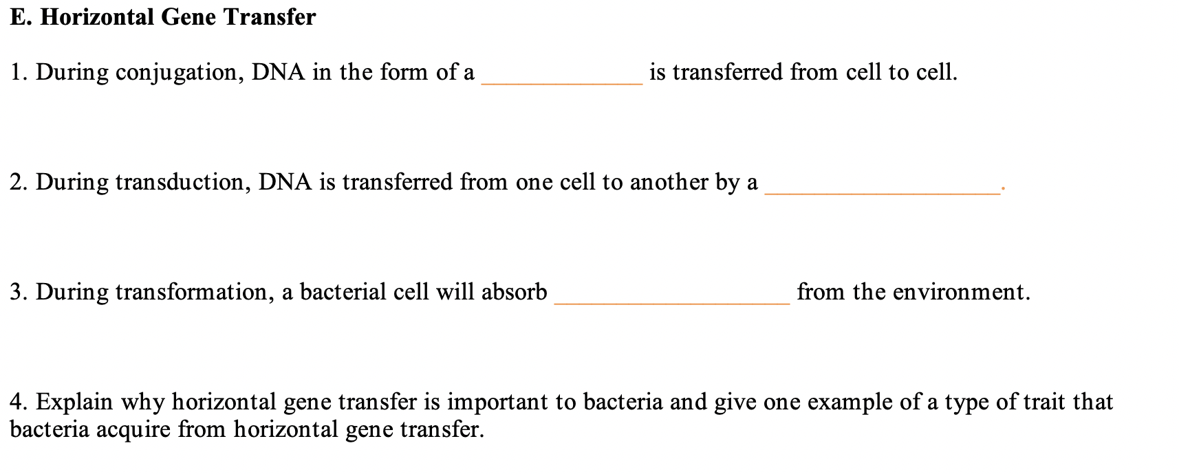Solved E. Horizontal Gene Transfer 1. During conjugation, | Chegg.com