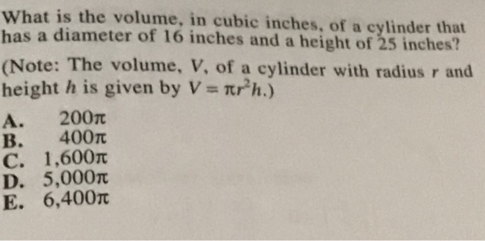 Solved What is the volume, in cubic inches. of a cylinder | Chegg.com