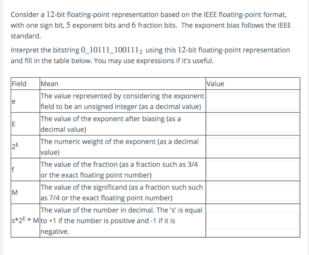 Solved Consider a 12-bit floating-point representation based | Chegg.com