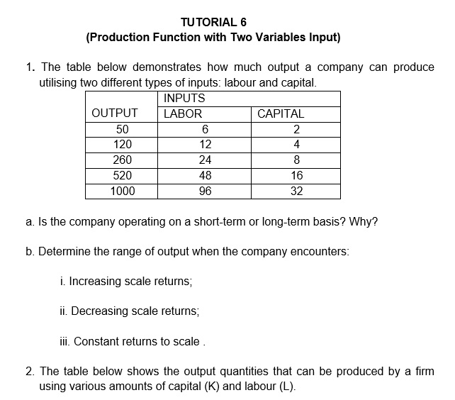 Solved TUTORIAL 6 (Production Function with Two Variables | Chegg.com