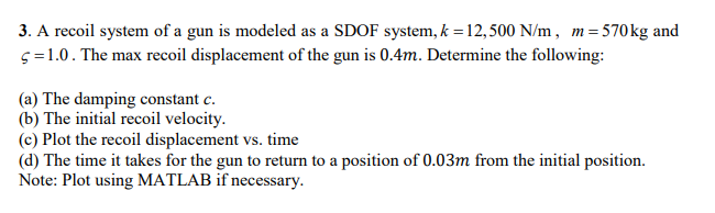 Solved 3. A recoil system of a gun is modeled as a SDOF | Chegg.com
