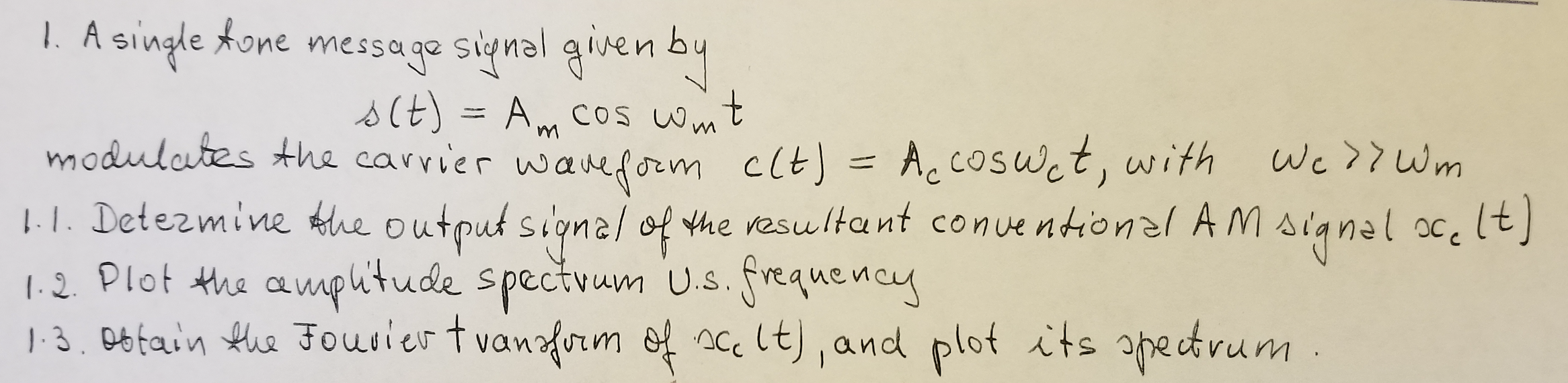Solved 1. A single tone message signal given by s(t)= Am cos | Chegg.com