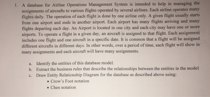 Solved 1. A database for Airline Operations Management | Chegg.com