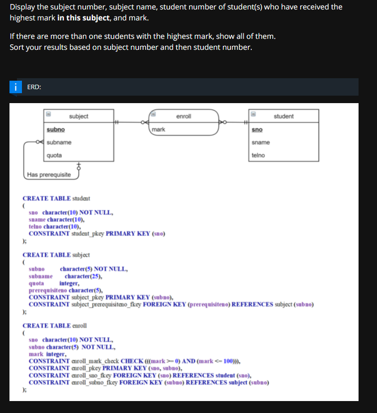 Solved Display the subject number, subject name, student | Chegg.com