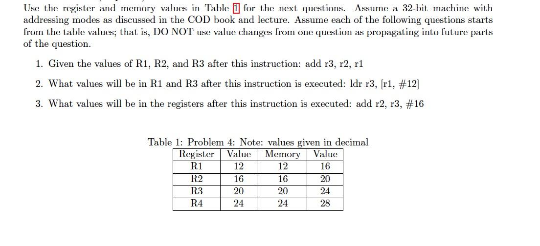 Solved Use the register and memory values in Table 1 for the | Chegg.com