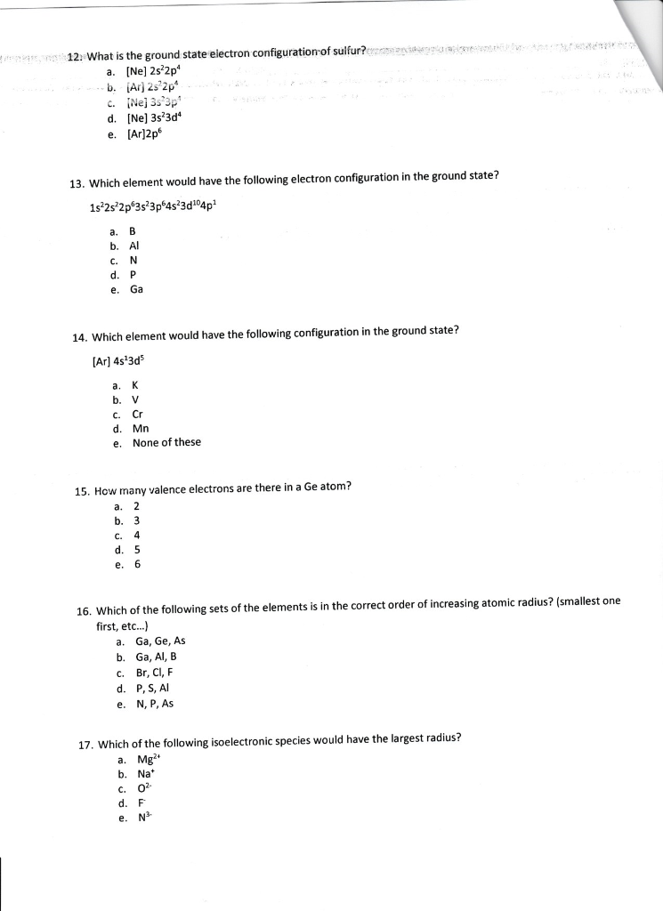 Solved 12. What is the ground state electron configuration | Chegg.com