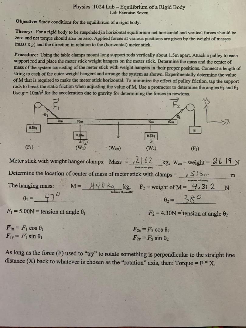 Solved Physics 1024 Lab - Equilibrium of a Rigid Body Lab | Chegg.com