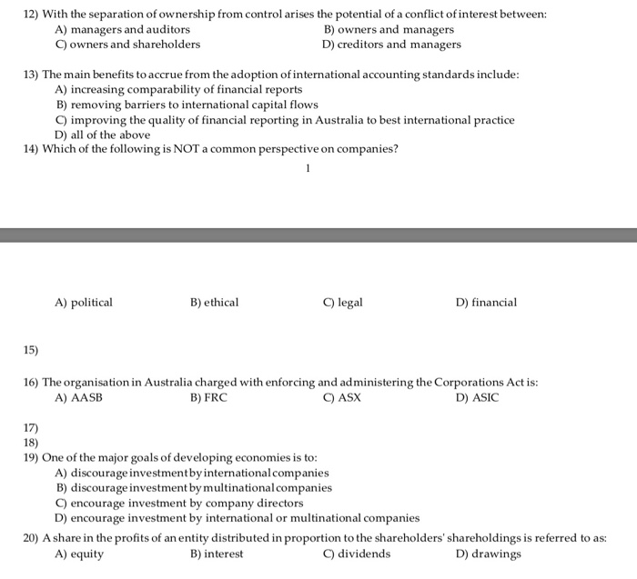 Solved 12) With the separation of ownership from control | Chegg.com