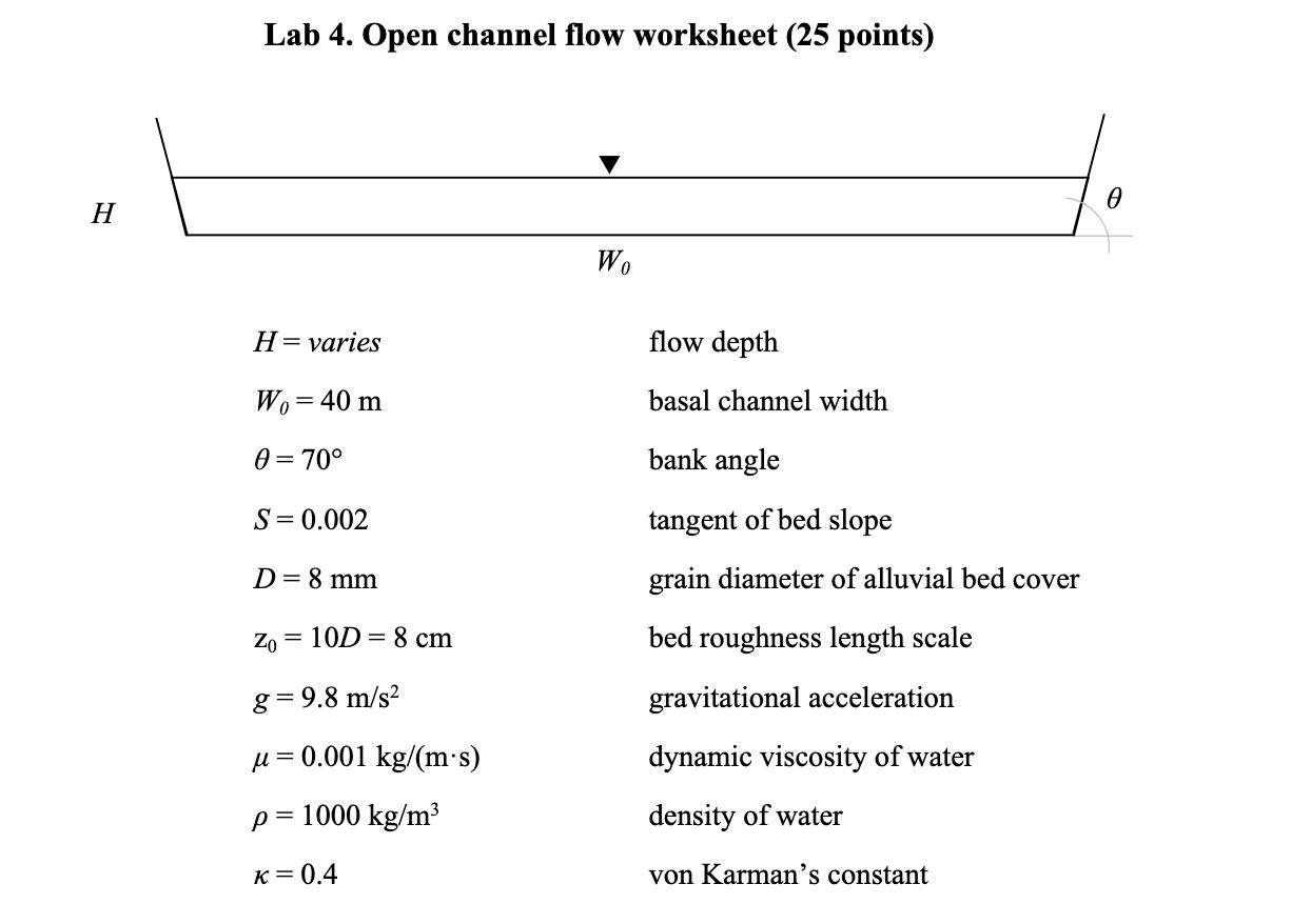 Solved Lab 4. Open channel flow worksheet (25 points)For | Chegg.com