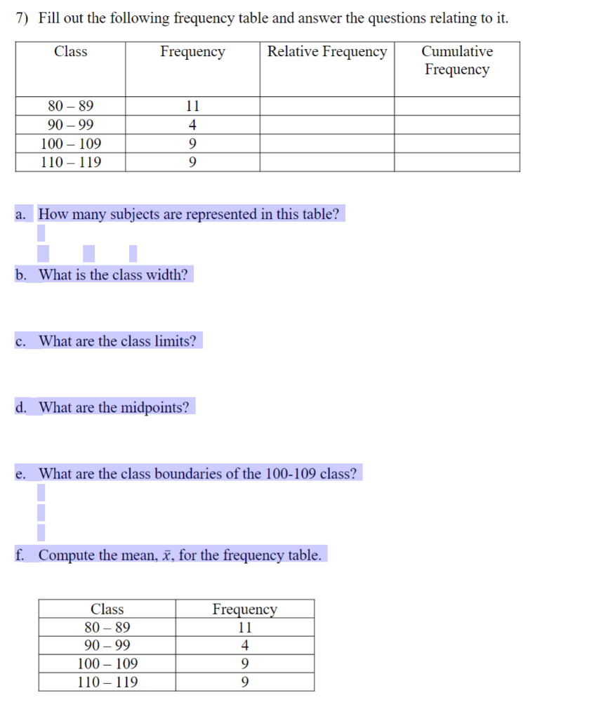 Solved Fill out the following frequency table and answer the | Chegg.com
