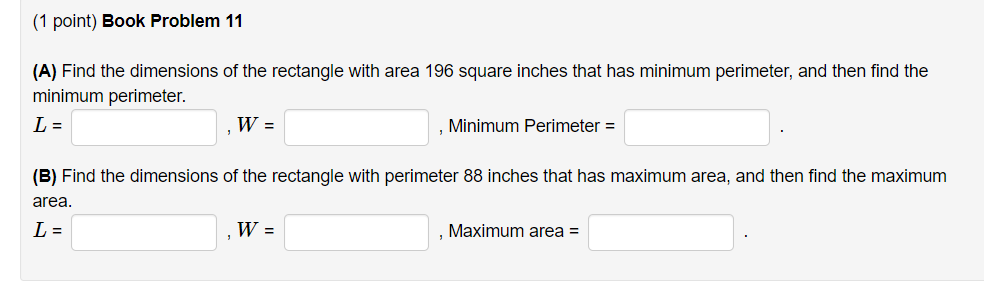 Solved (1 point) Book Problem 11 (A) Find the dimensions of | Chegg.com