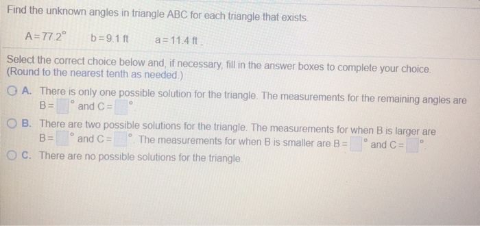 Solved Find the unknown angles in triangle ABC for each | Chegg.com