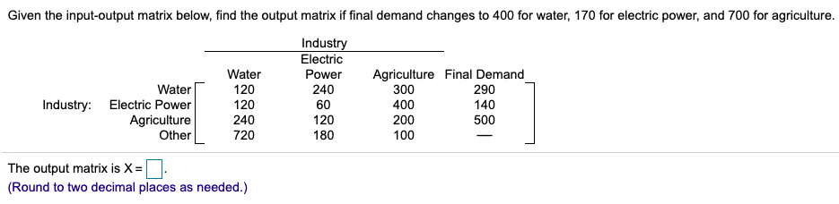 Solved Given the input-output matrix below, find the output | Chegg.com