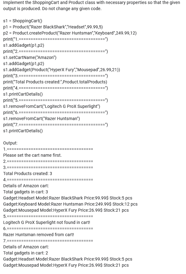 Solved Implement the Shopping Cart and Product class with | Chegg.com