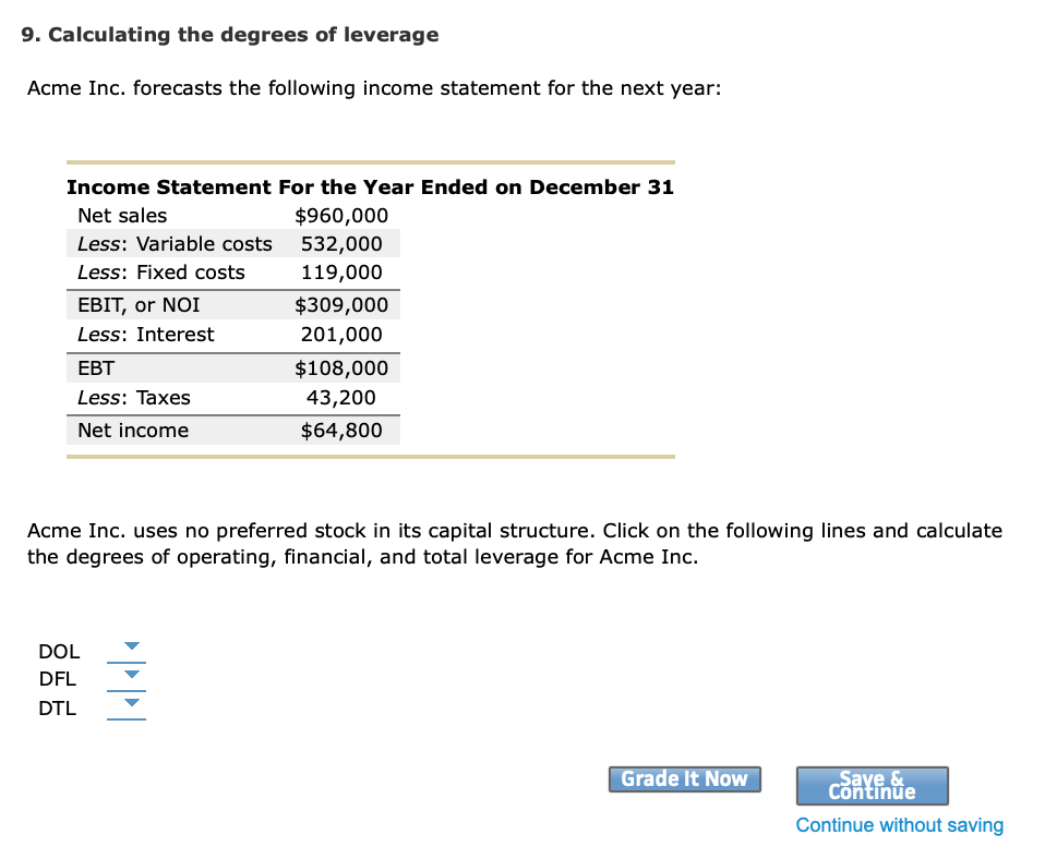 Solved 9. Calculating the degrees of leverage Acme Inc. | Chegg.com