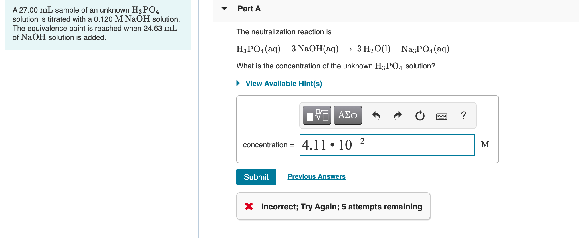 Solved Part A A 27.00 mL sample of an unknown H3PO4 solution | Chegg.com