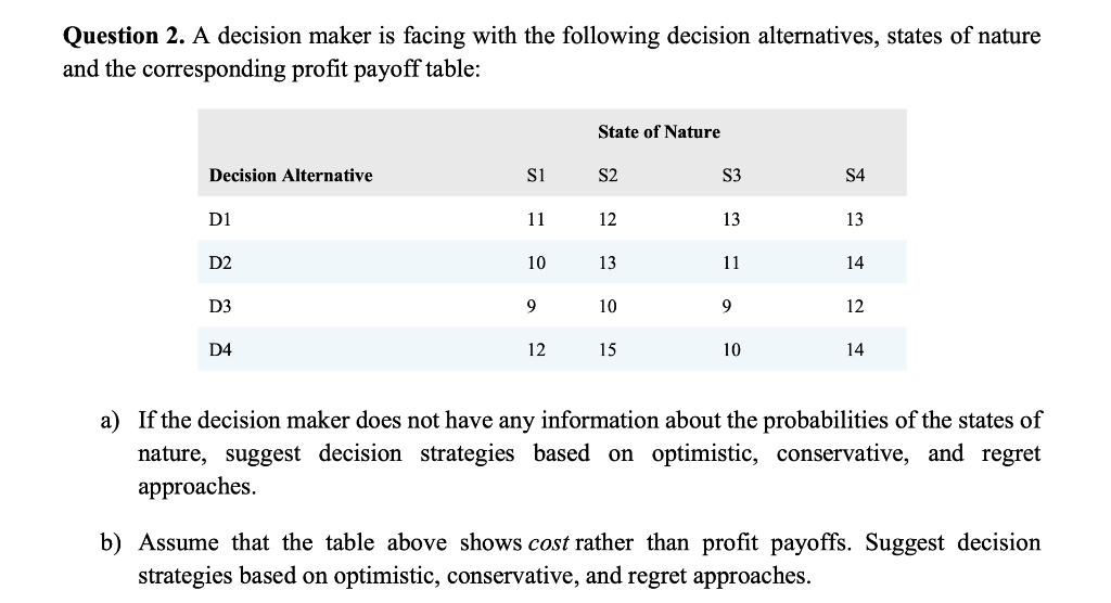 Solved Question 2. A decision maker is facing with the | Chegg.com