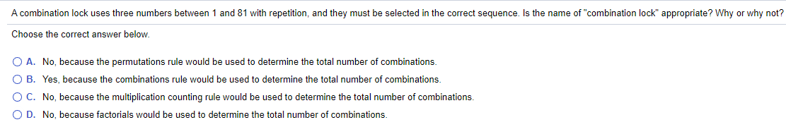 Solved A combination lock uses three numbers between 1 and | Chegg.com