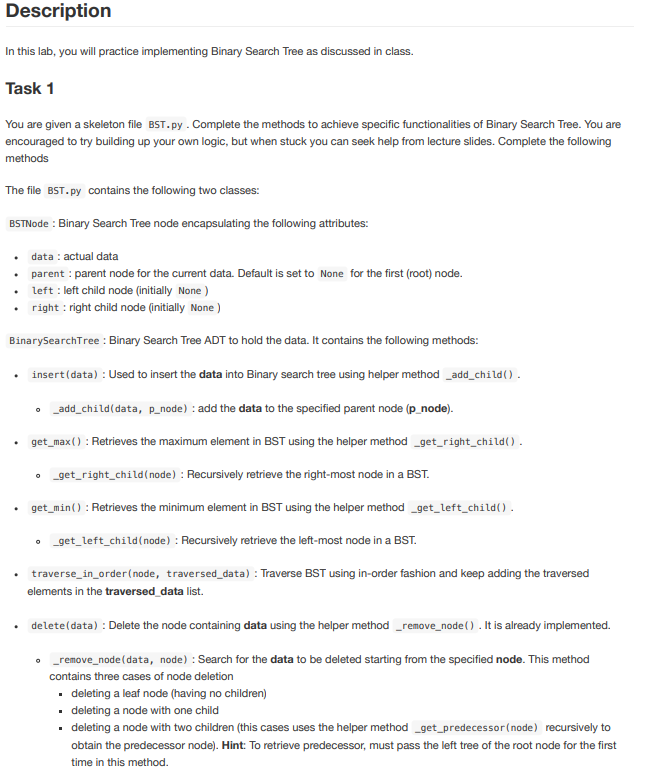 Solved Using the BST.py code provided below, complete all | Chegg.com
