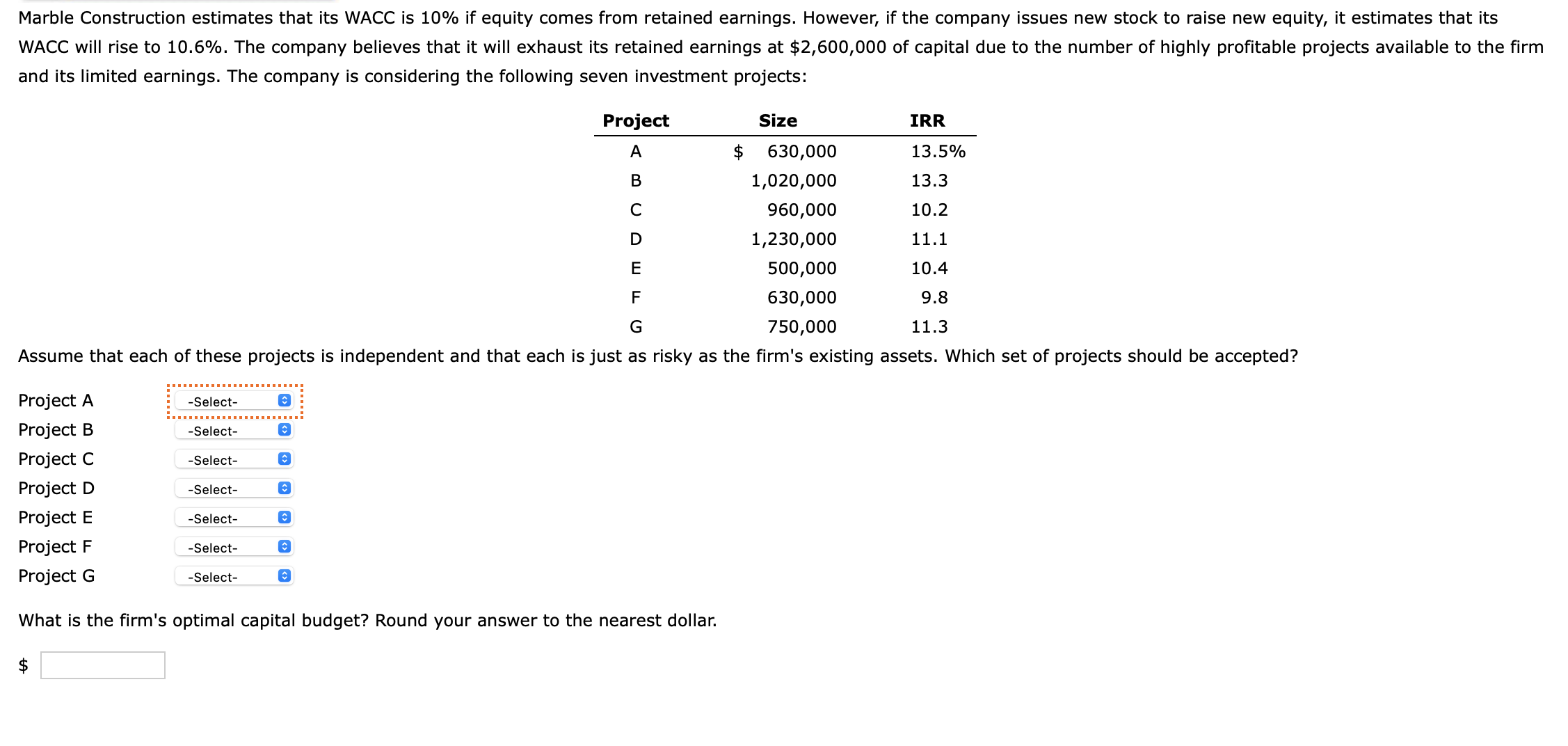 Solved Marble Construction estimates that its WACC is 10% | Chegg.com