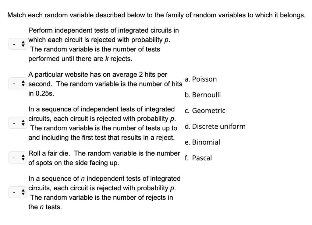 Solved Match each random variable described below to the | Chegg.com