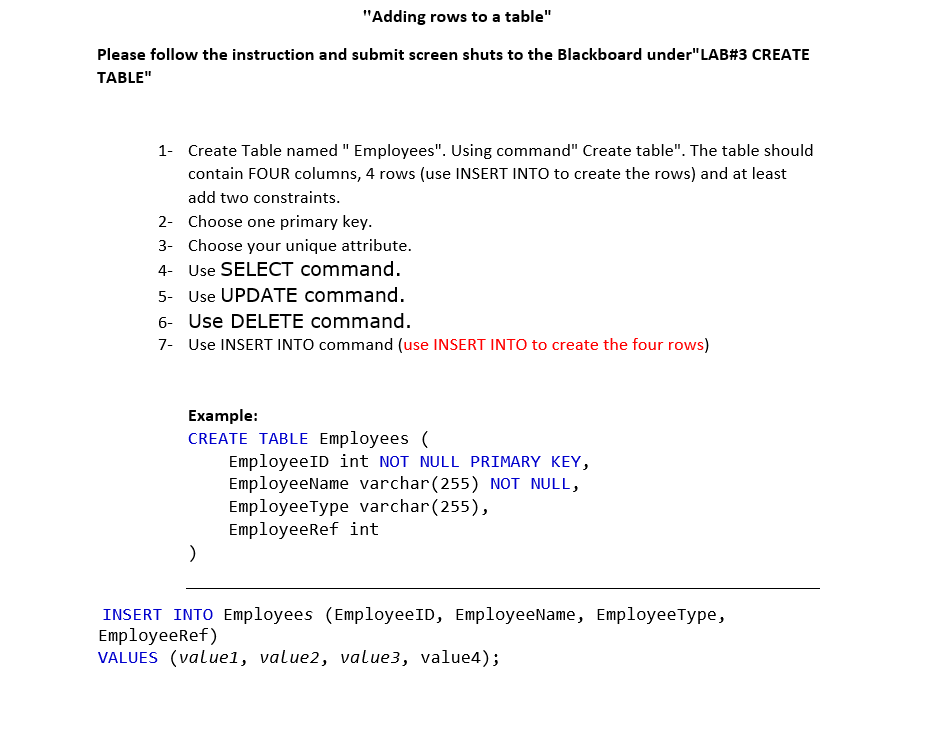 Solved "Adding rows to a table" Please follow the | Chegg.com