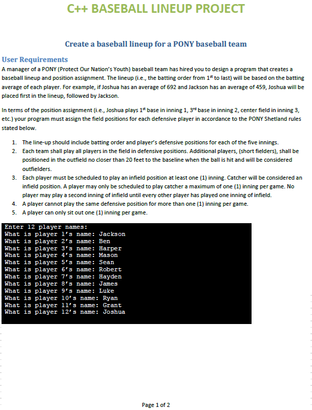 Solved C++ BASEBALL LINEUP PROJECT Create a baseball lineup | Chegg.com