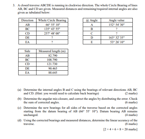 Solved 3. A closed traverse ABCDE is running in clockwise | Chegg.com