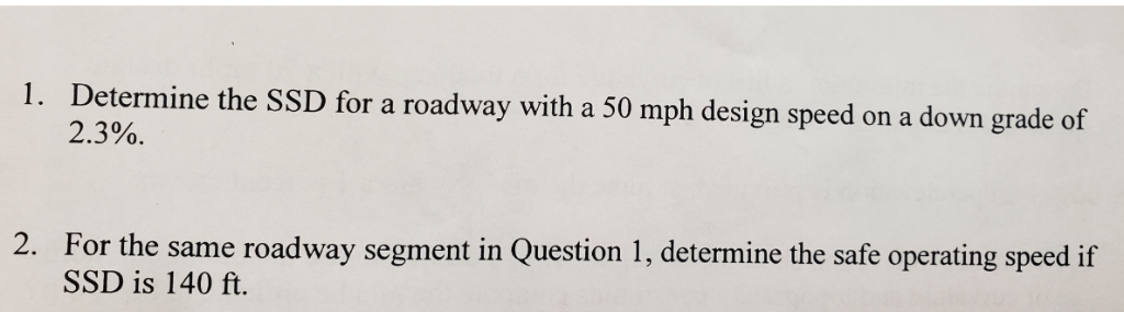 Solved Determine the SSD for a roadway with a 50 mph design | Chegg.com