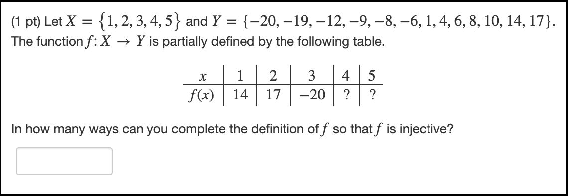 Solved {1,2,3,4,5 (1 pt) Let X The function f: X -» Y is | Chegg.com