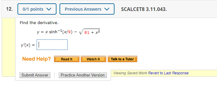 Solved 12. 0/1 points v Previous Answers v SCALCET8 | Chegg.com