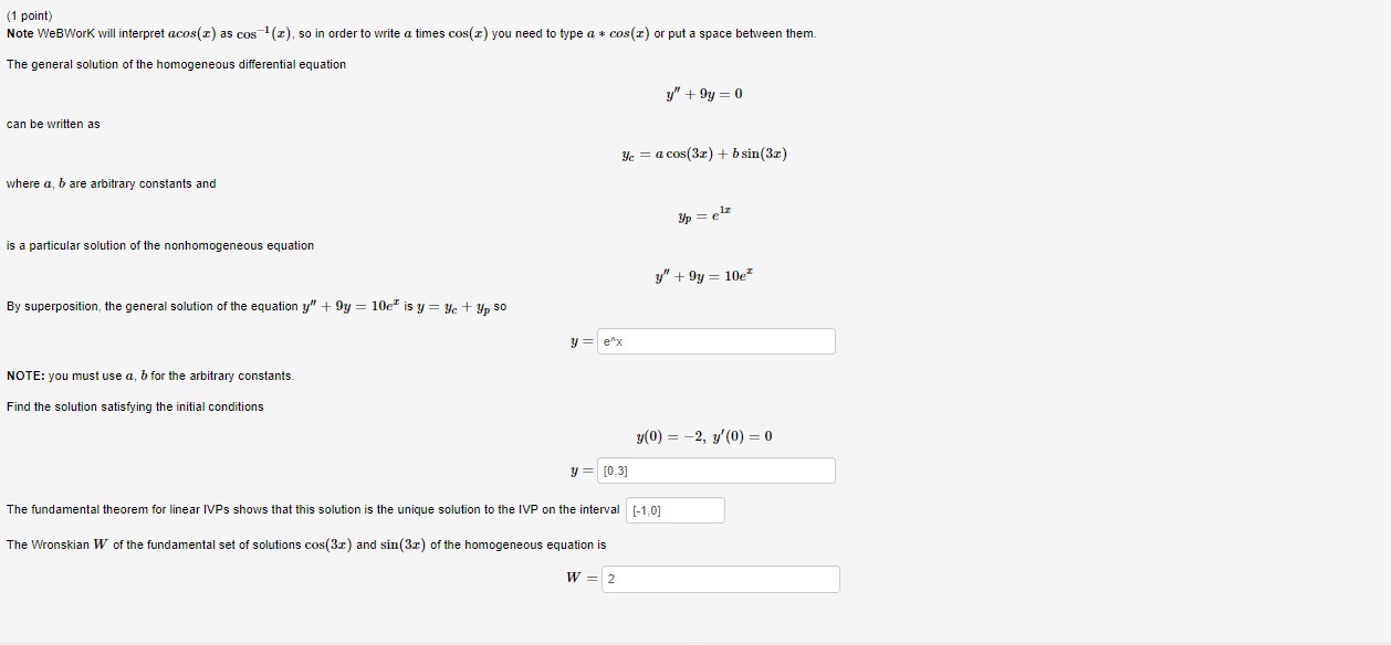 Solved (1 ﻿point)Note WeBWorK will interpret acos(x) ﻿as | Chegg.com