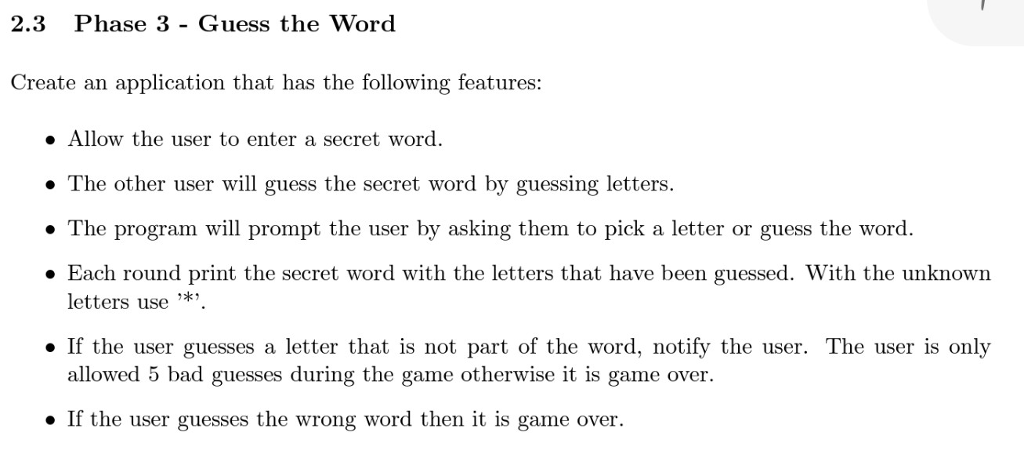 Solved 2.3 Phase 3 - Guess the Word Create an application | Chegg.com