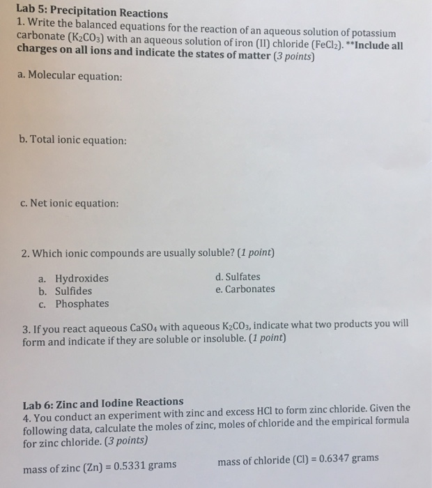 Solved Lab 5: Precipitation Reactions 1. Write the balanced | Chegg.com