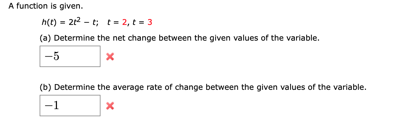 Solved A function is given. h(t) = 2t2 – t; t = 2, t = 3 (a) | Chegg.com